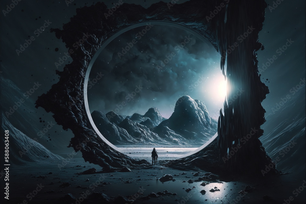 Spaceman travel through the space with mysterious sci-fi fantasy portal ...