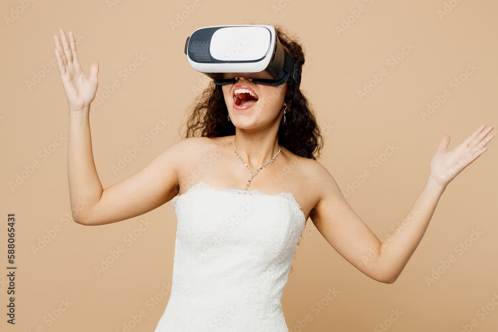 Happy excited beautiful young woman bride wear wedding dress posing ...