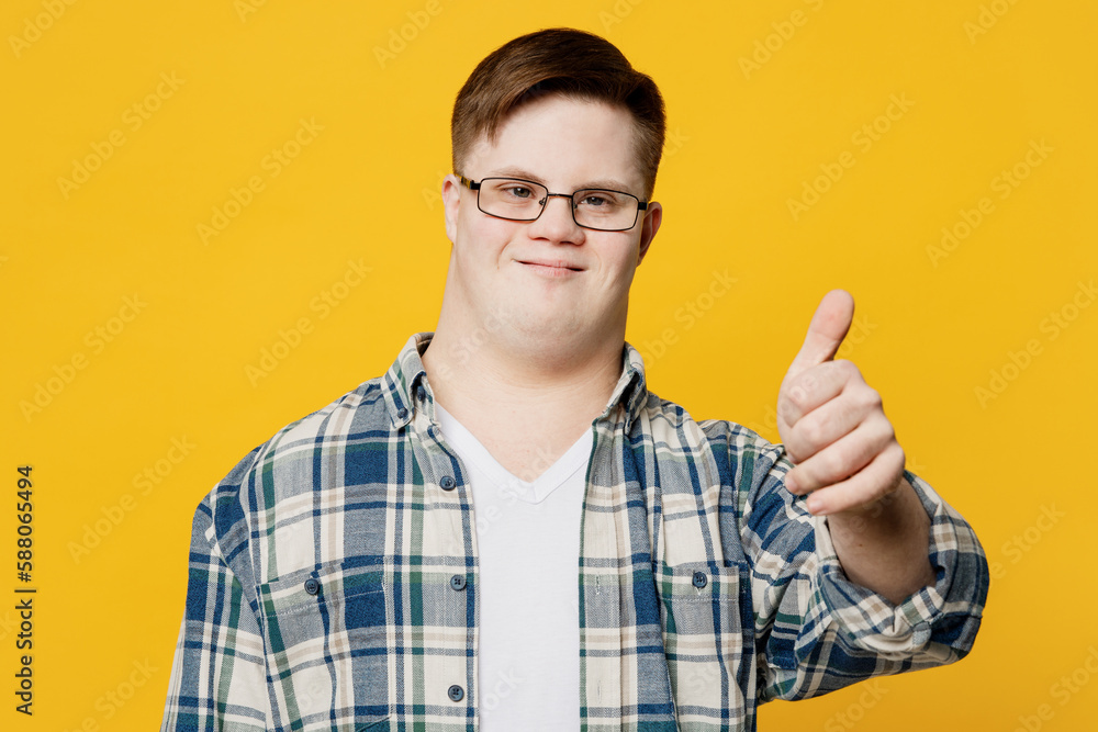 Young smiling cheerful fun positive man with down syndrome wearing ...