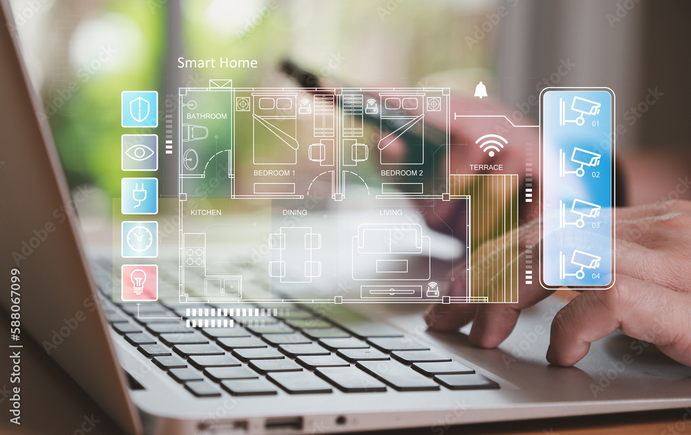People hand using smartphone or computer laptop to access smart home ...