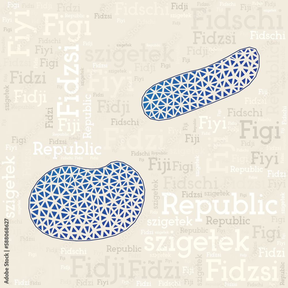FIJI map design. Country names in different languages and map shape ...