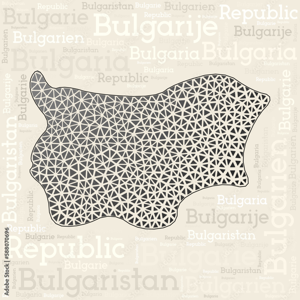 BULGARIA map design. Country names in different languages and map shape ...