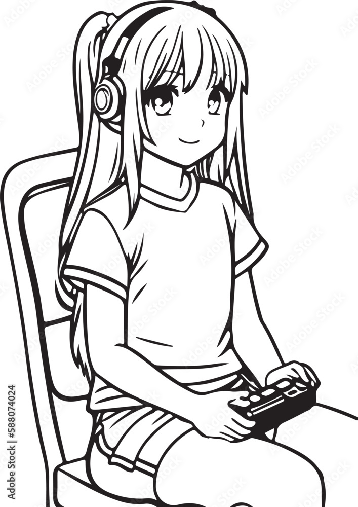 Anime girl is playing console games, vector coloring for children Stock ...