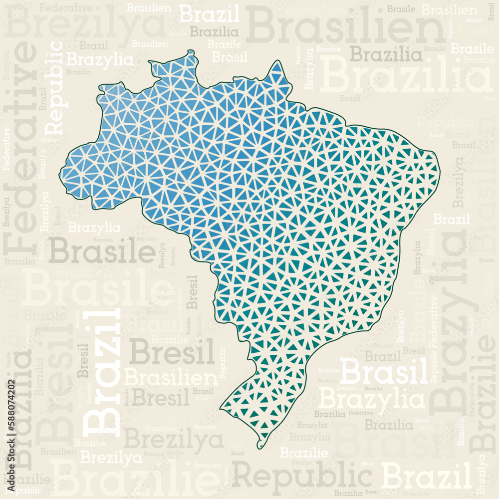 BRAZIL map design. Country names in different languages and map shape ...