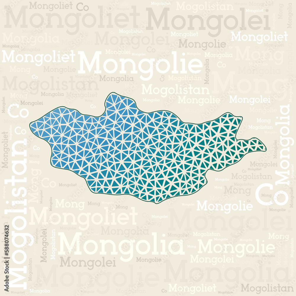 MONGOLIA map design. Country names in different languages and map shape ...