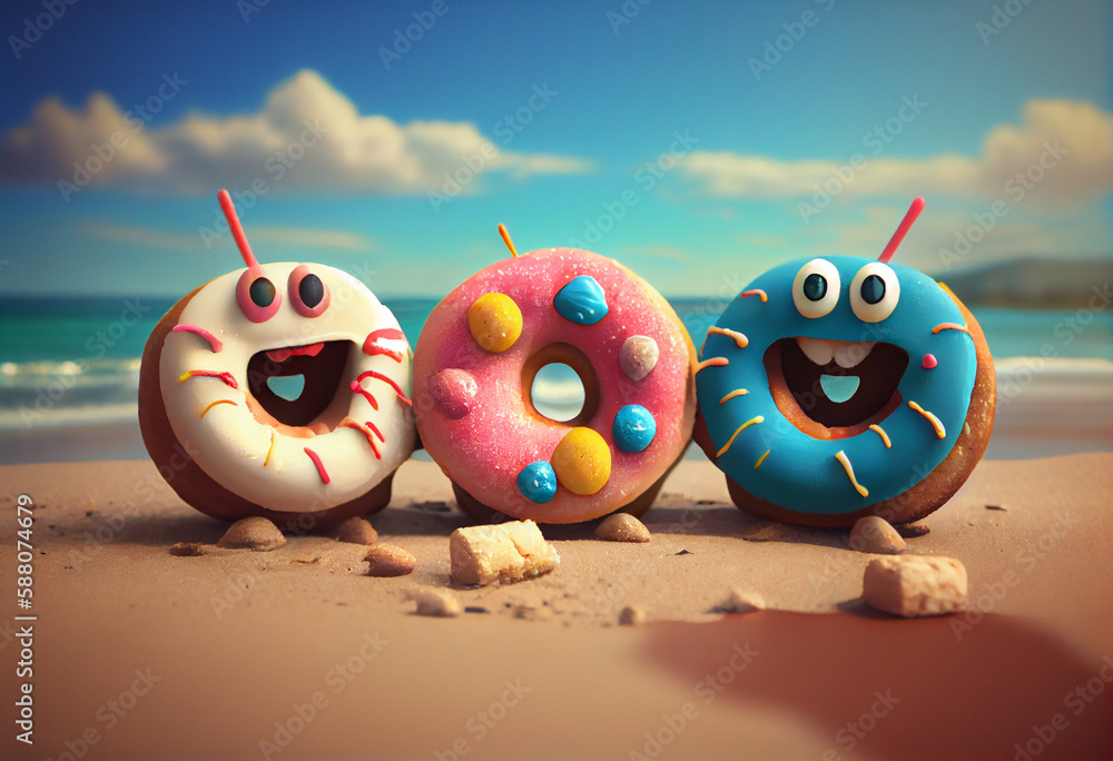 Family of cartoon laughing donuts with smiling faces on vacation on the ...
