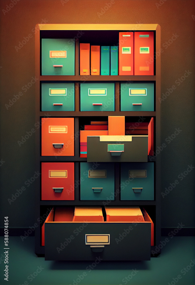 Wardrobe with drawers. Archiving; saving documents and workflow concept ...