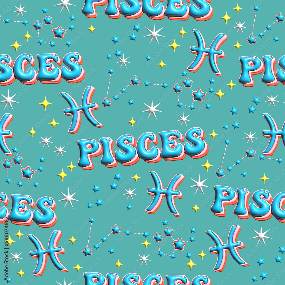 Pisces Cute 3D illustration Zodiac signs seamless pattern , Zodiac icons astrological pattern ...