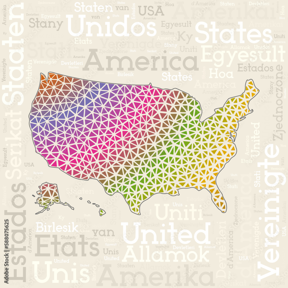 USA map design. Country names in different languages and map shape with ...