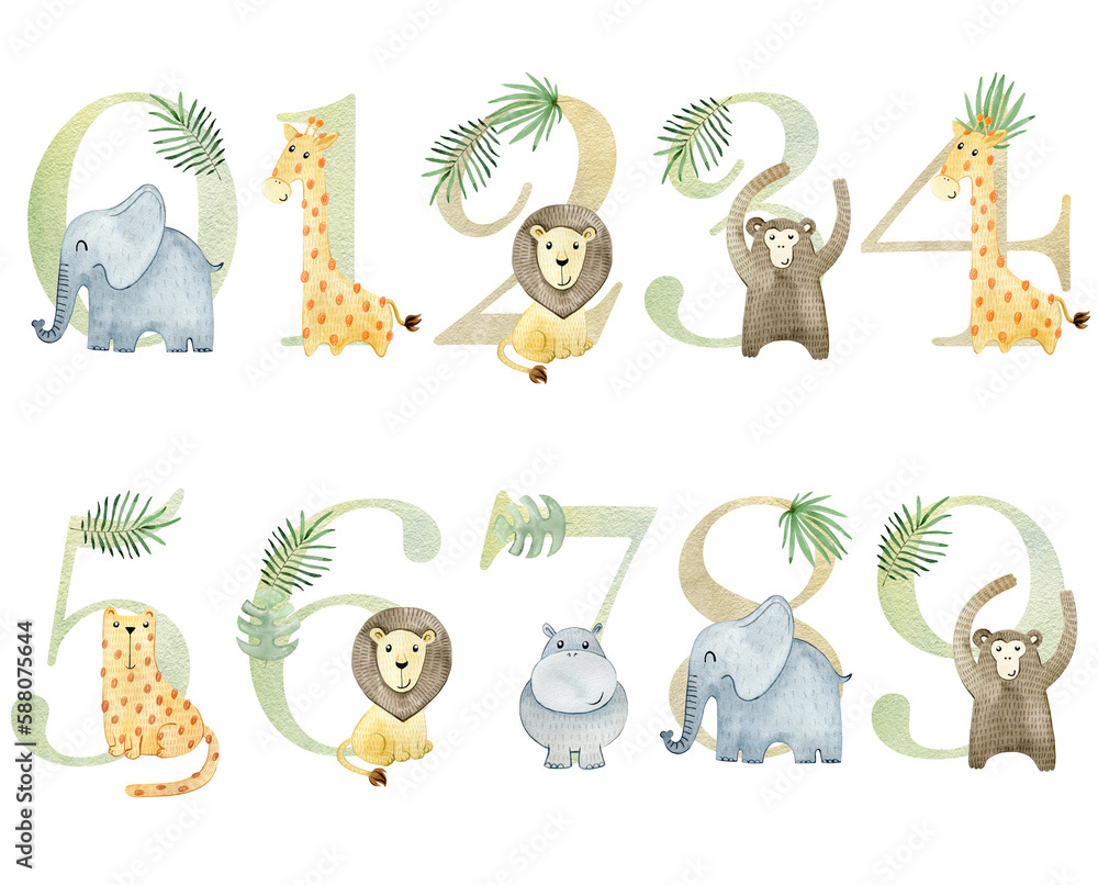 Watercolor cute safari animals numbers for invitation card, nursery ...