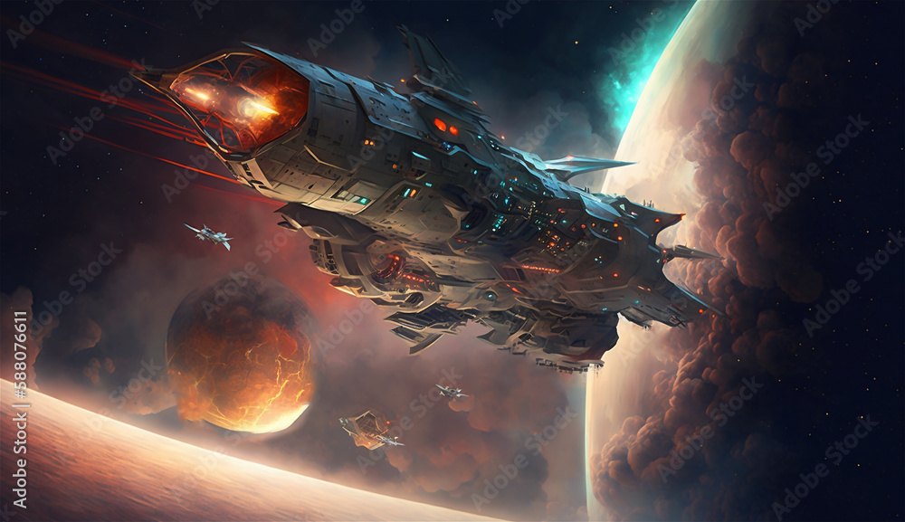 Long and very sharp Spaceship with large Engines in front of a Planet ...