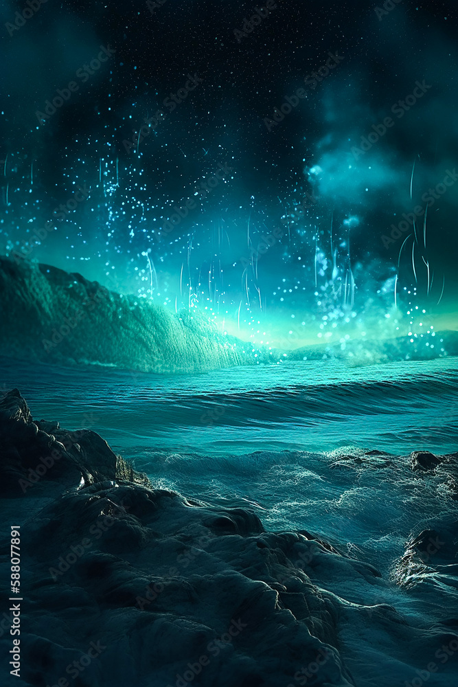 Surreal Beach Vacation - Magical Glowing Beach, Nighttime Landscape of ...