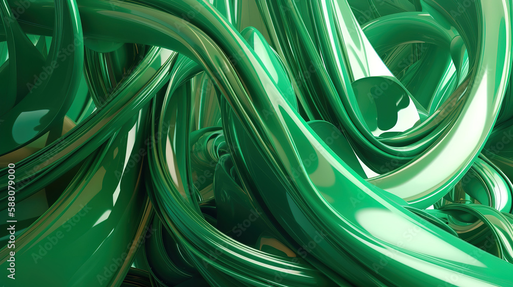 3d render, abstract green background with glossy curvy lines ...