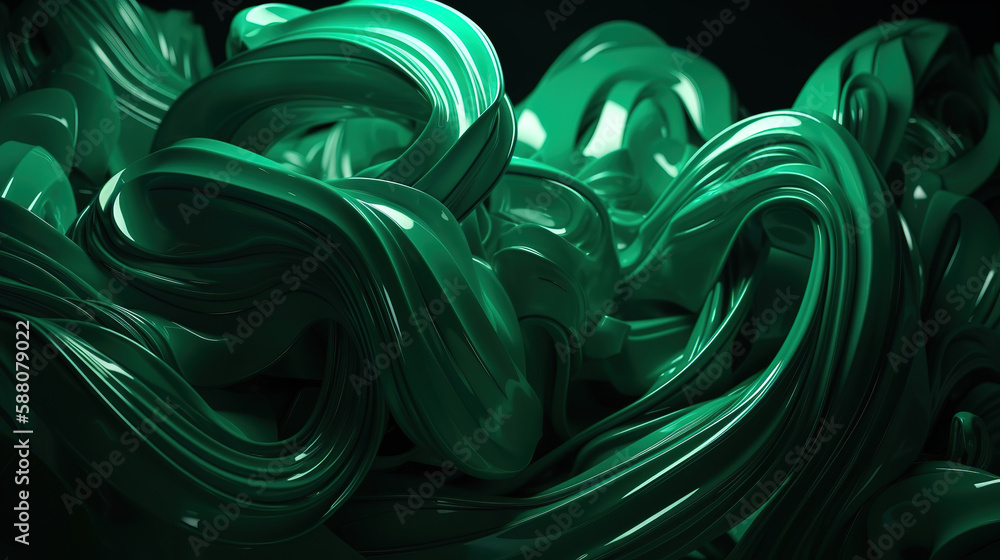 3d render, abstract green background with glossy curvy lines ...