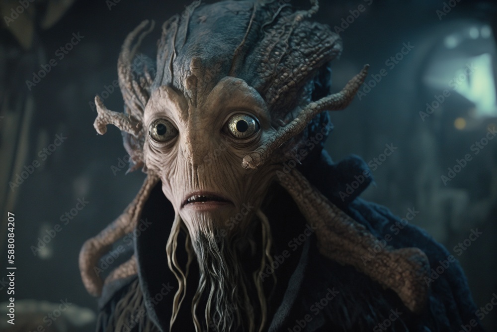 ภาพประกอบสต็อก A creepy and eerie alien being with pale scaly skin and ...