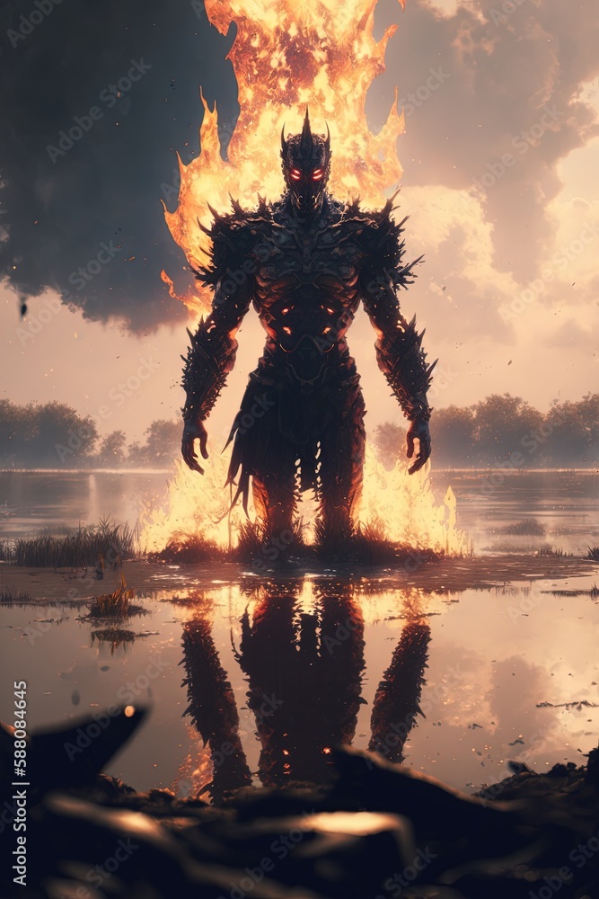 A giant fire creature emerging from a vast liquid wet swamp, baiducore ...
