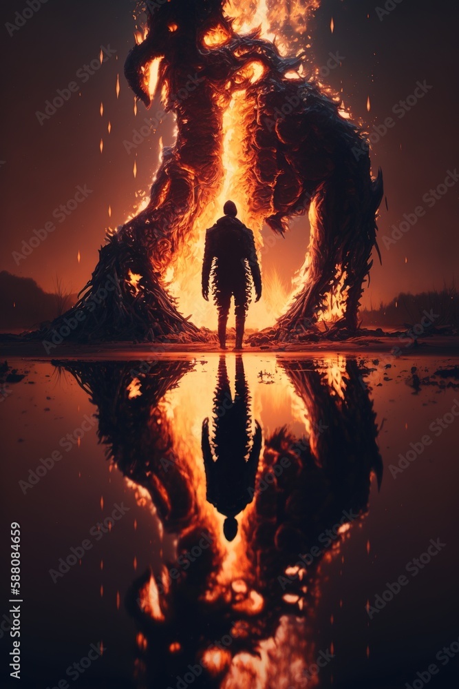 A giant fire creature emerging from a vast liquid wet swamp, baiducore ...