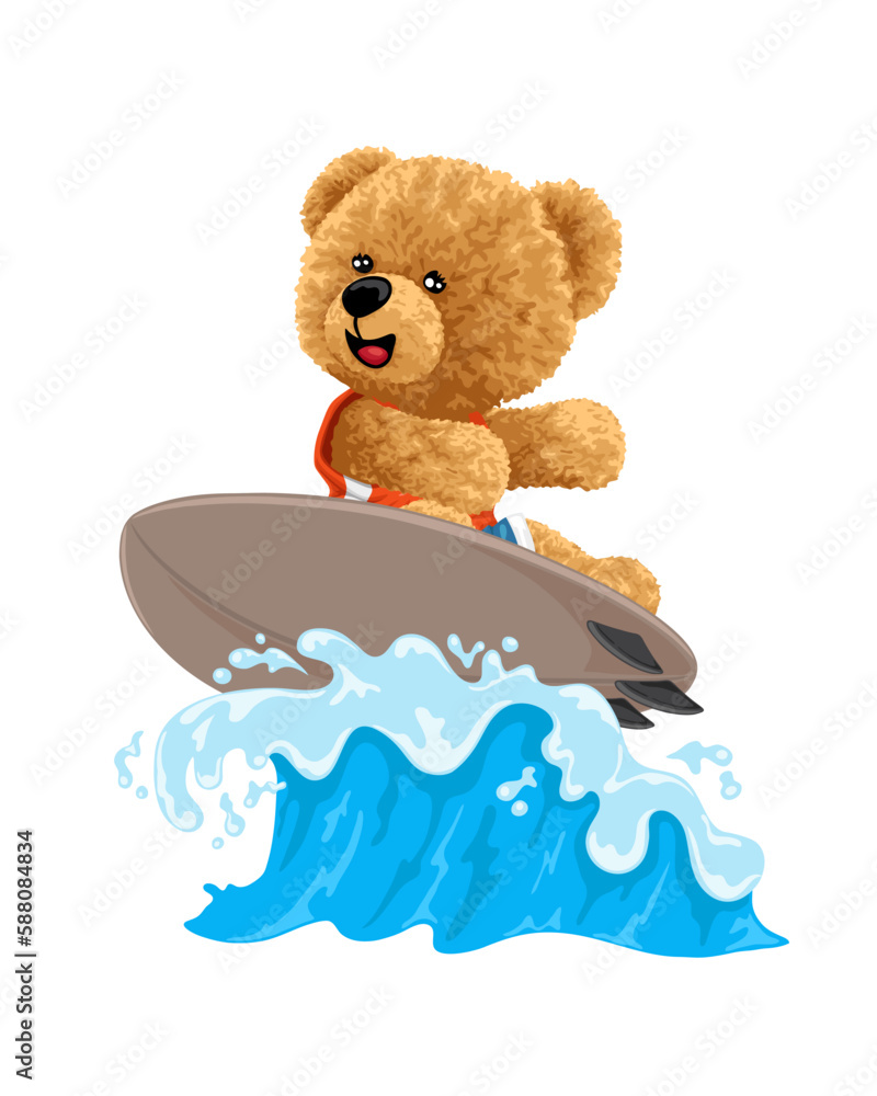 Vector cartoon illustration, hand drawn cute teddy bear in surfing ...