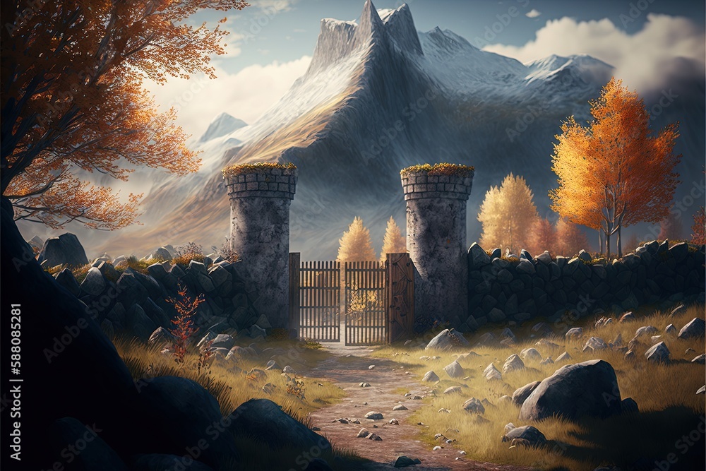 An ancient fortified stonewall with a gate that runs across the ...