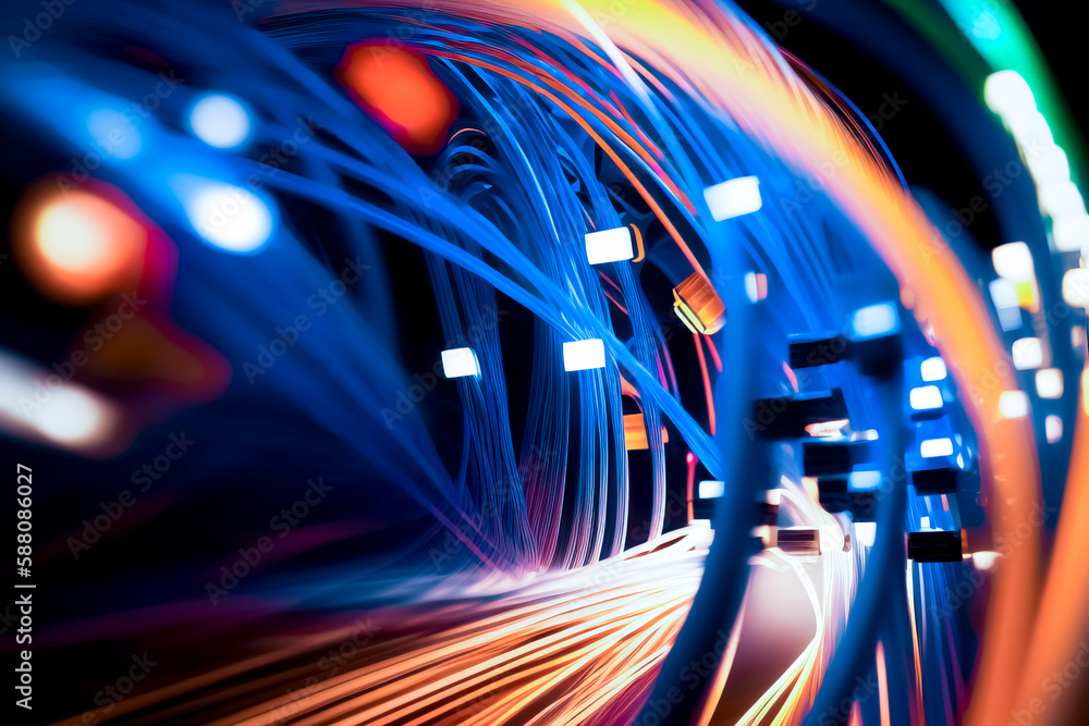 colored electric cables and led. optical fiber, intense colors ...