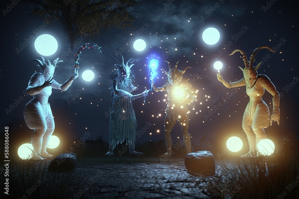 Quirky elf-like creatures performing a ritual under a full moon ...