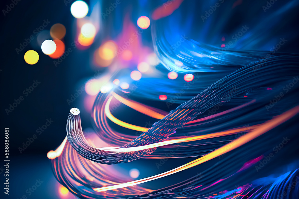 colored electric cables and led. optical fiber, intense colors ...