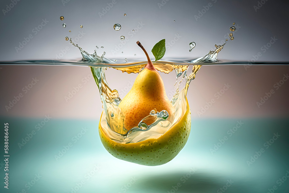 fresh pear flying on water surface with strong splash of water drops ...