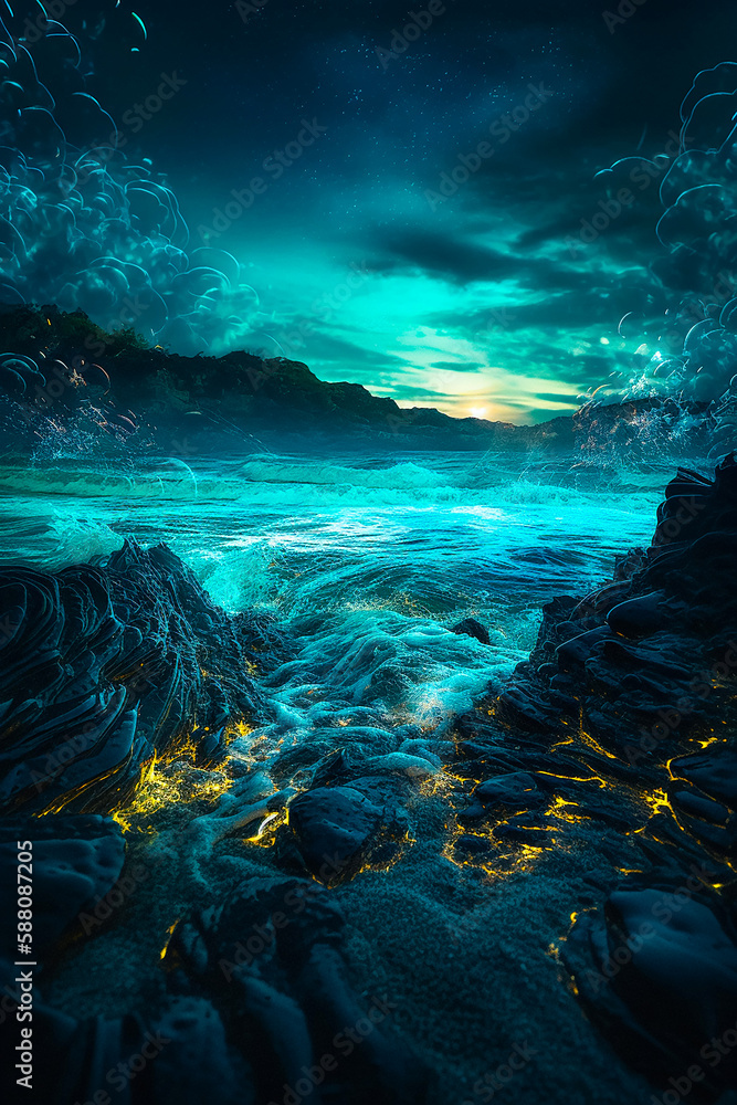 Travelling to a Surreal Midnight Glowing Beach Landscape, A Vacation To ...