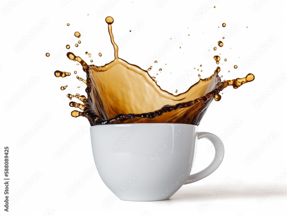 Pouring and splash coffee in white cup on isolated white background ...