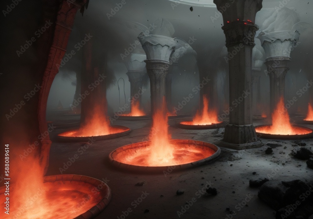 Underground hell landscape. Digital illustration of fantasy environment ...