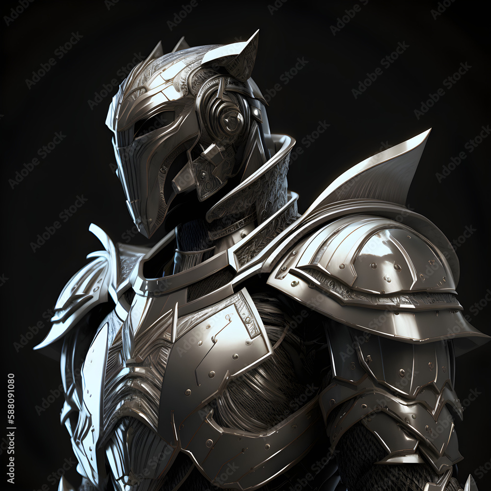 futuristic white knight wearing full armor with black, wide view, super ...