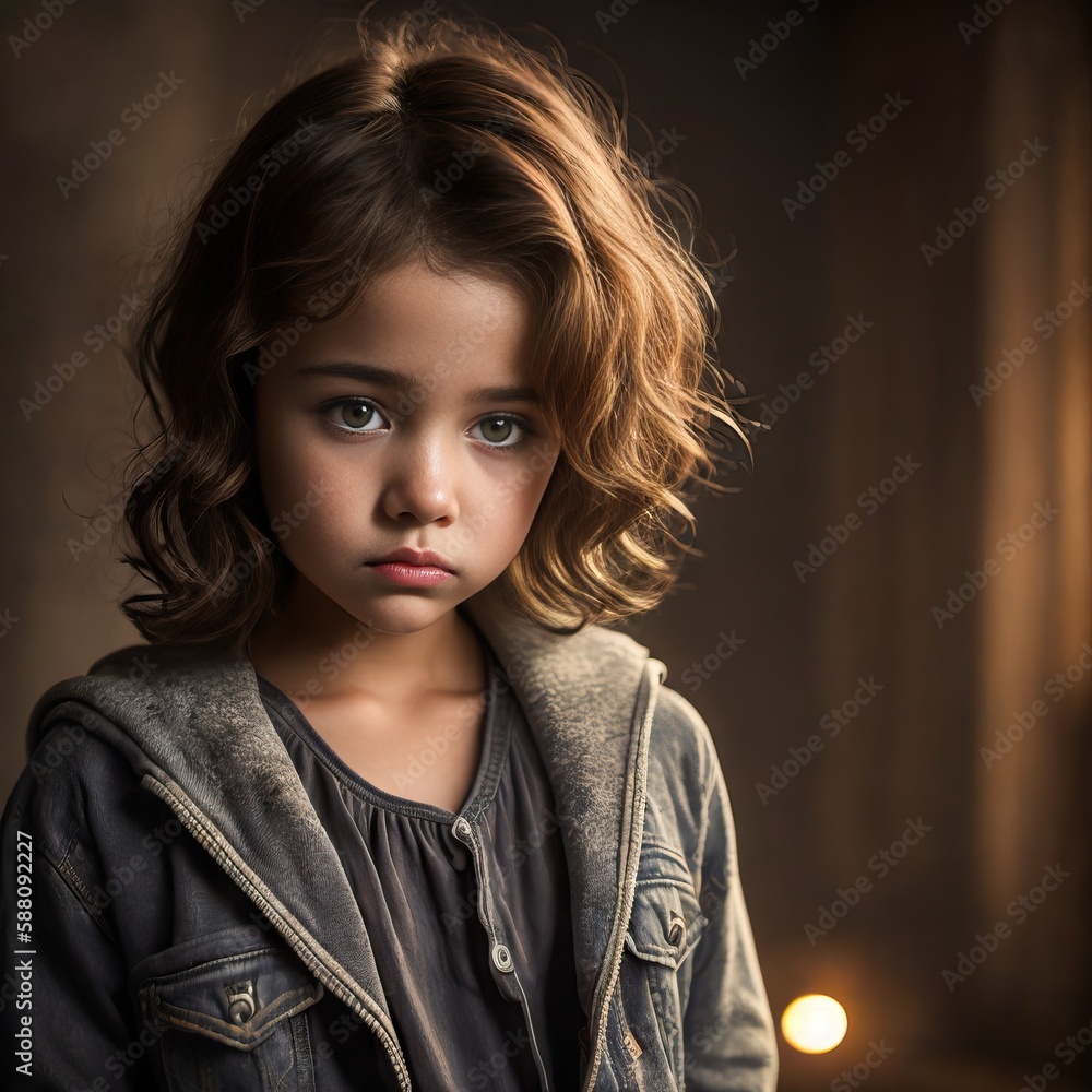 Poor, sad little child girl at night city. Generative AI Stock ...