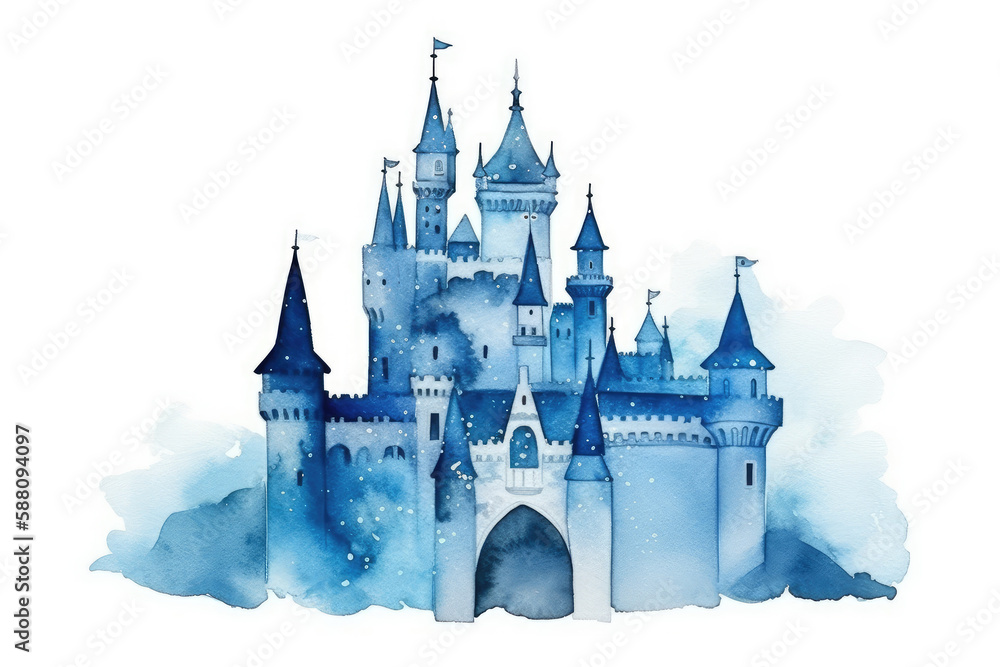 Blue fairy tale castle watercolor painting illustration. Prince and ...