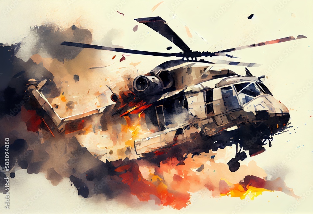 Watercolor Illustration of a Air Crash. Burning Falling Helicopter. War ...