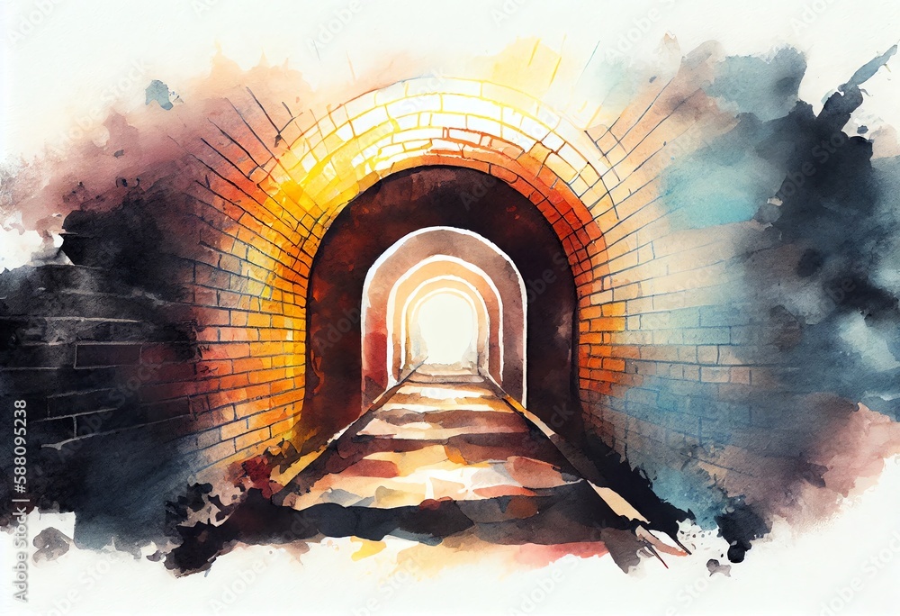 Watercolor Illustration of a Long Way Brick Wall Tunnel To Light, Wall ...