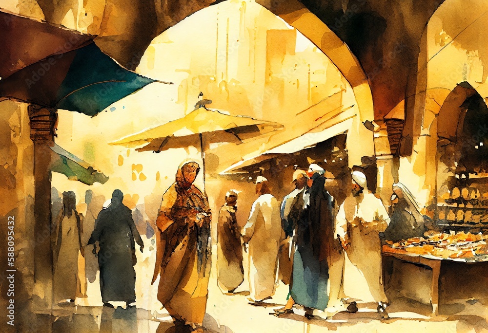 Watercolor Illustration of a Old Arabic Bazaar Shopping In Outdoor ...