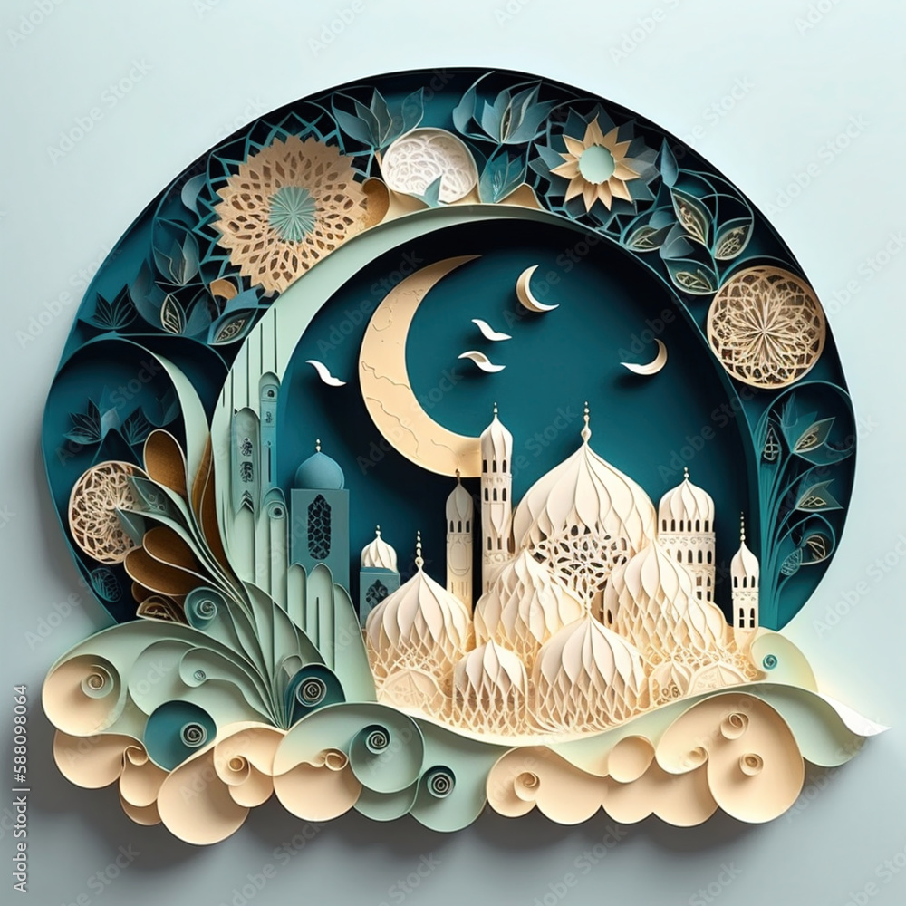 Paper quilling paper cut art paper illustration muslim mosque ...