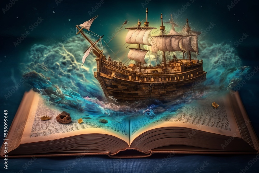 Magical book with pirate ship and ocean wave. Fantasy concept art ...