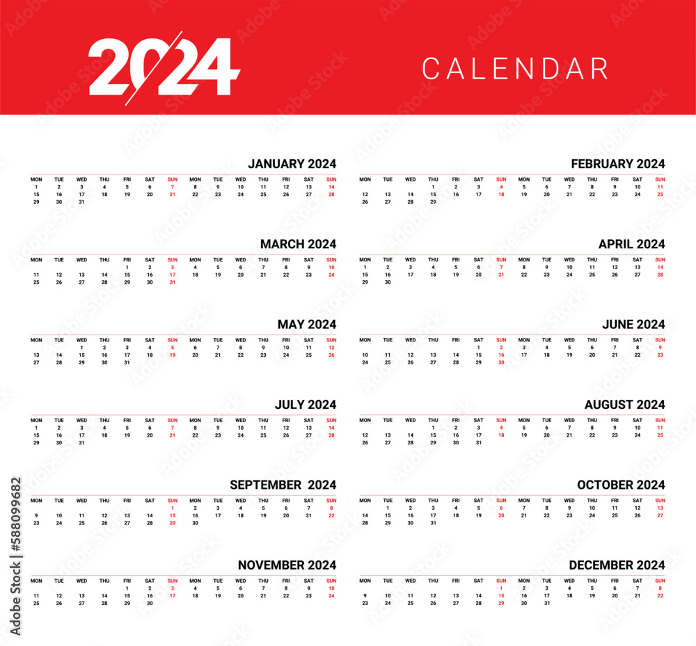 2024 year Calendar template. week start Monday. Planner diary in a ...