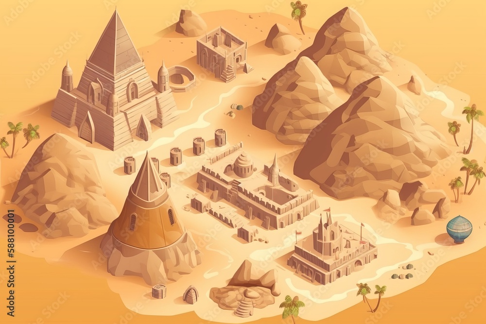 Isometric desert village with pyramid, sand castle for game assets ...