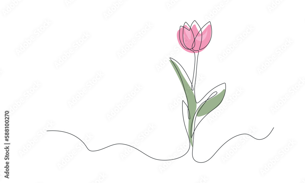 Tulip hand drawn flower continuous. Spring flower with leaves one line ...