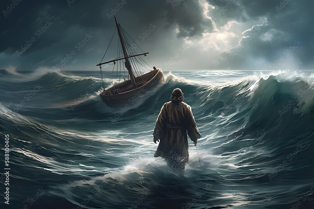 Jesus walks on water across the sea towards a boat during a storm ...