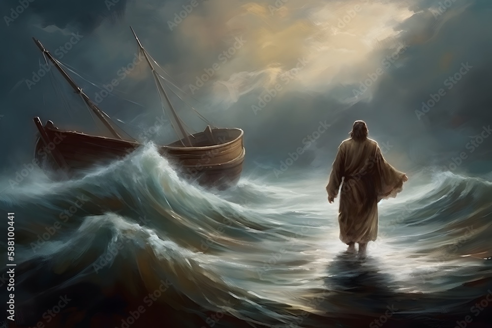 Jesus walks on water across the sea towards a boat during a storm ...