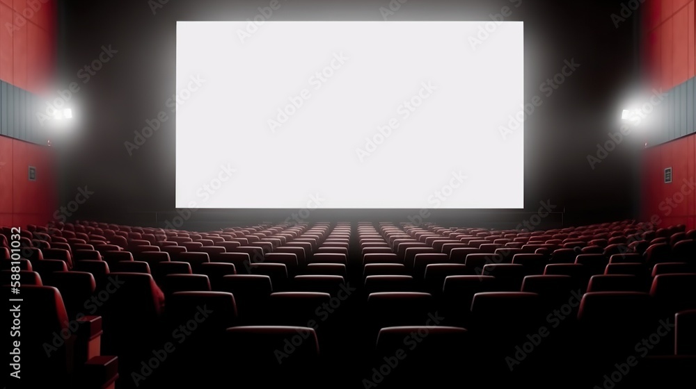 Movie theater blank screen mock up, modern cinema with red seats ...