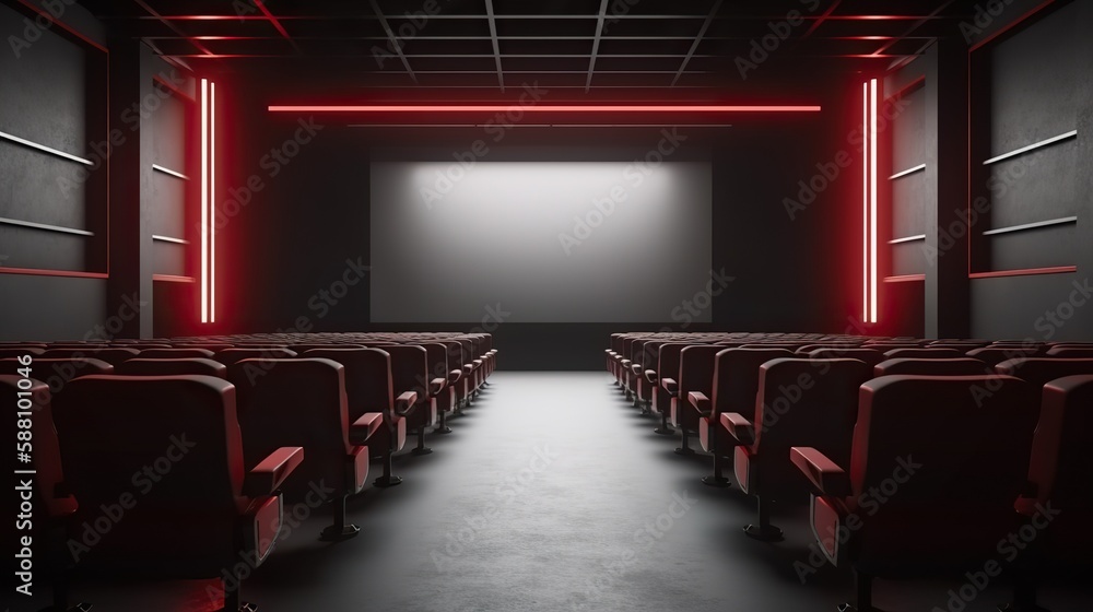 Movie theater blank screen mock up, modern cinema with red seats ...
