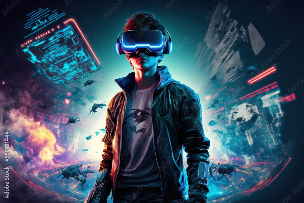 Young handsome guy in vr glasses and armament playing cyber game ...