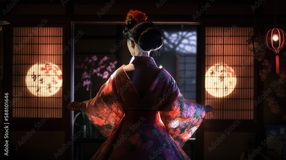 Back view of geisha wearing beautiful dress, dancing in traditional ...