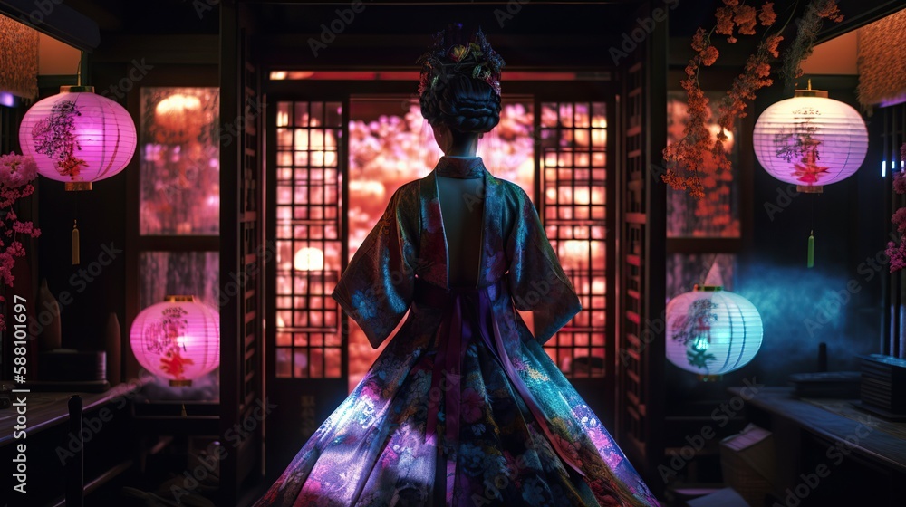 Back view of geisha wearing beautiful dress, standing in traditional ...