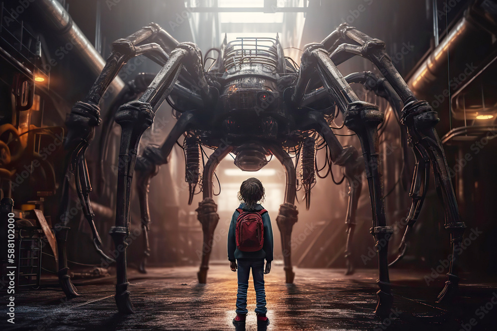 Little boy standing in street in front of giant evil spider robot ...