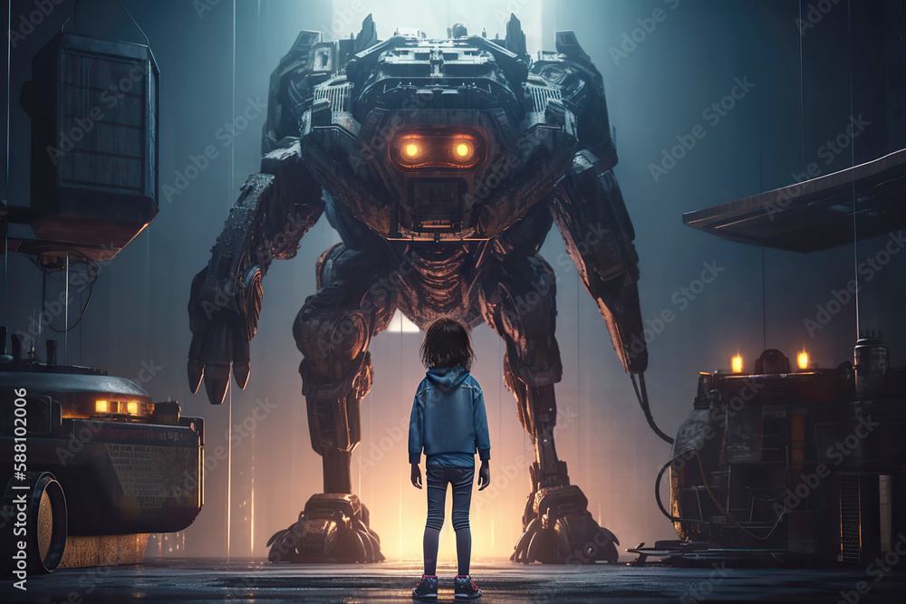 Little kid standing in street in front of giant evil robot, concept of ...
